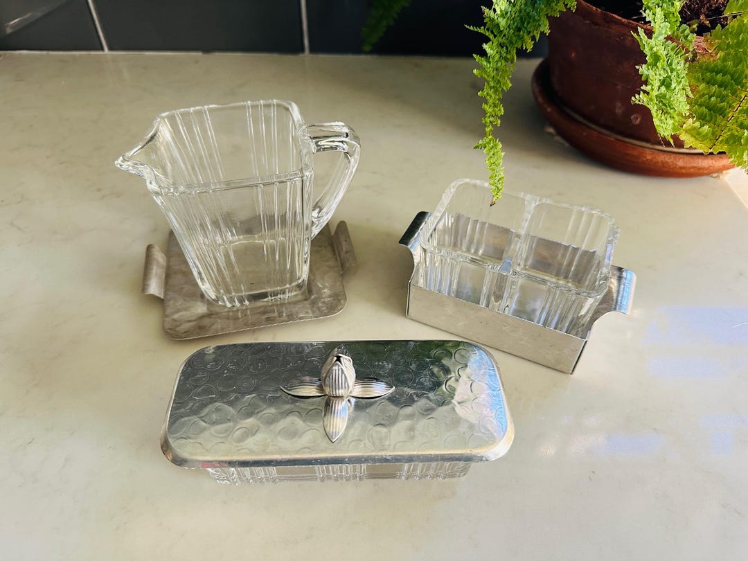 Vintage Rodney Kent Kitchen Table Set W/ Hand Hammered Aluminum & Glass ...