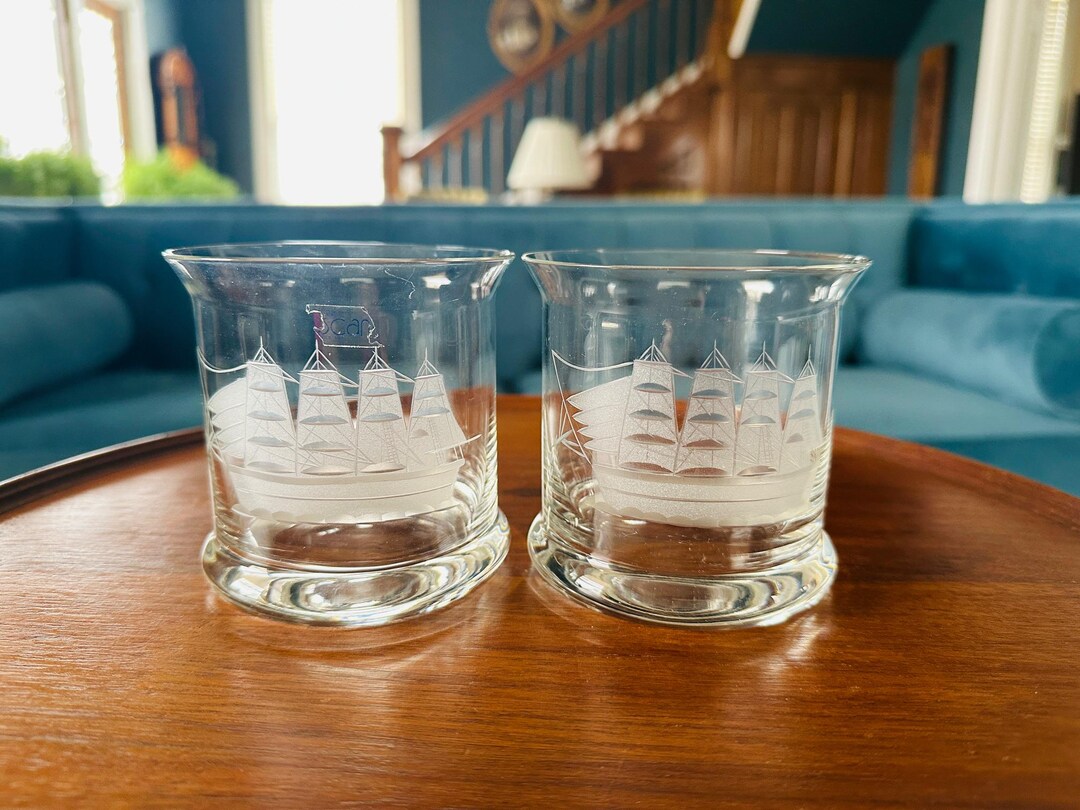 Vintage Etched Clipper Ship Whiskey Glasses Made by Toscany, Set of 2 Old Fashioned Nautical ...