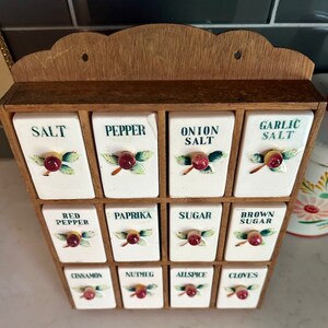 Vintage 12 Pc Spices With Wood Spice Rack With Cherry Pulls and Ceramic ...