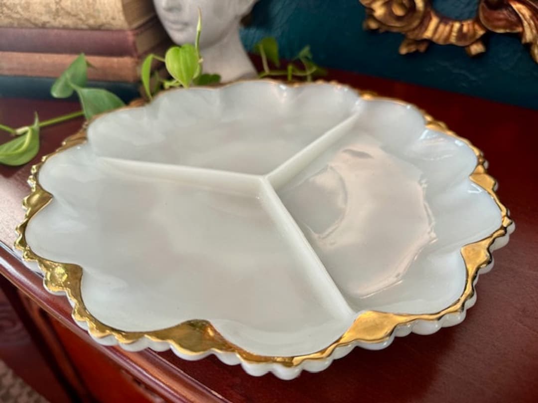 Vintage Fire King Divided Dish, 50s White Milk Glass Serving Tray With ...