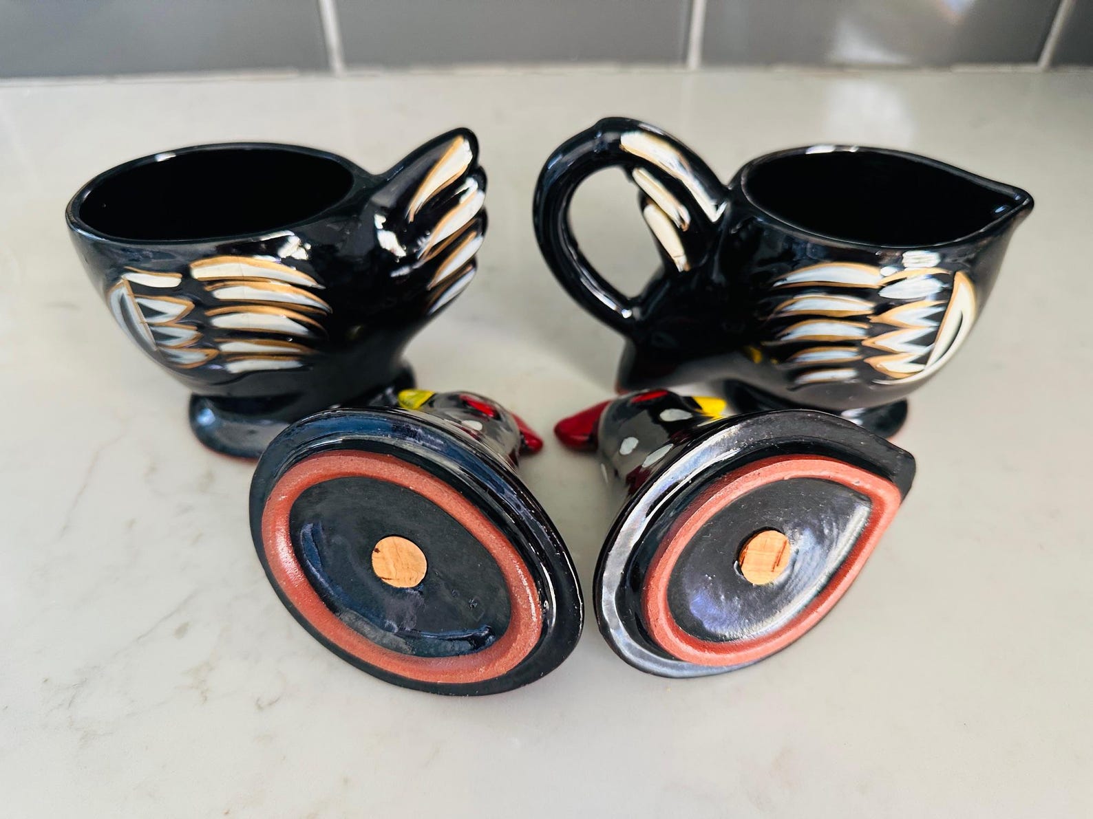 Vintage Chicken Tea Set Redware Chicken Teapot W Rooster Creamer, Sugar ...