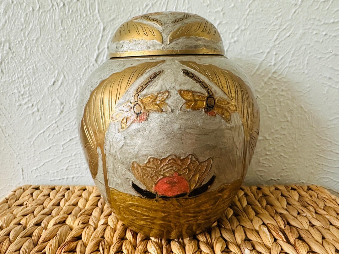 Vintage Brass Ginger Jar With Enamel Paint, Art Nouveau Brass Urn With ...