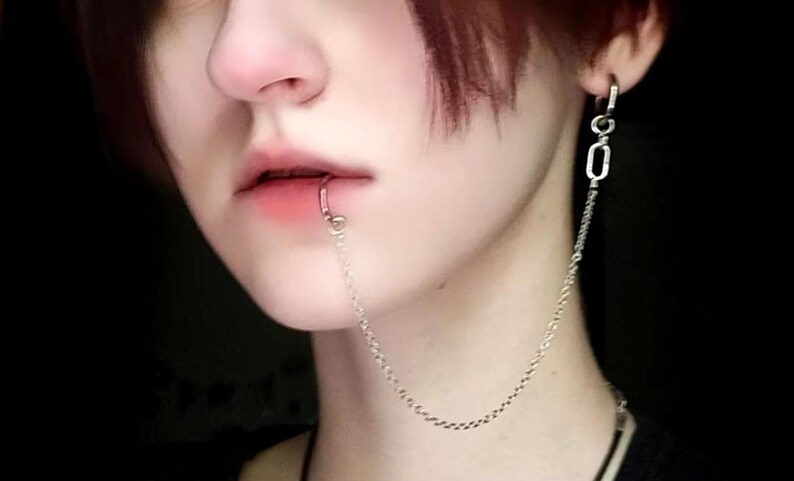 Anime NANA Cosplay Fake Piercing Lip Clip Earrings Punk Chain Linked ...