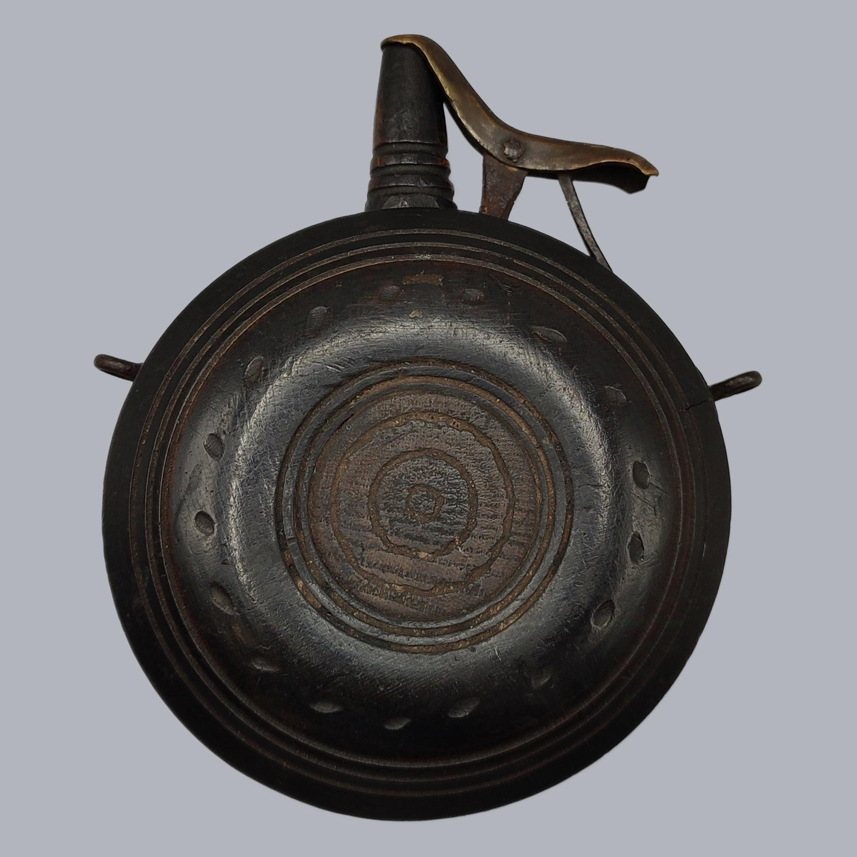 Antique Scandinavian Powder Flask Wooden Round Priming Horn Brass ...