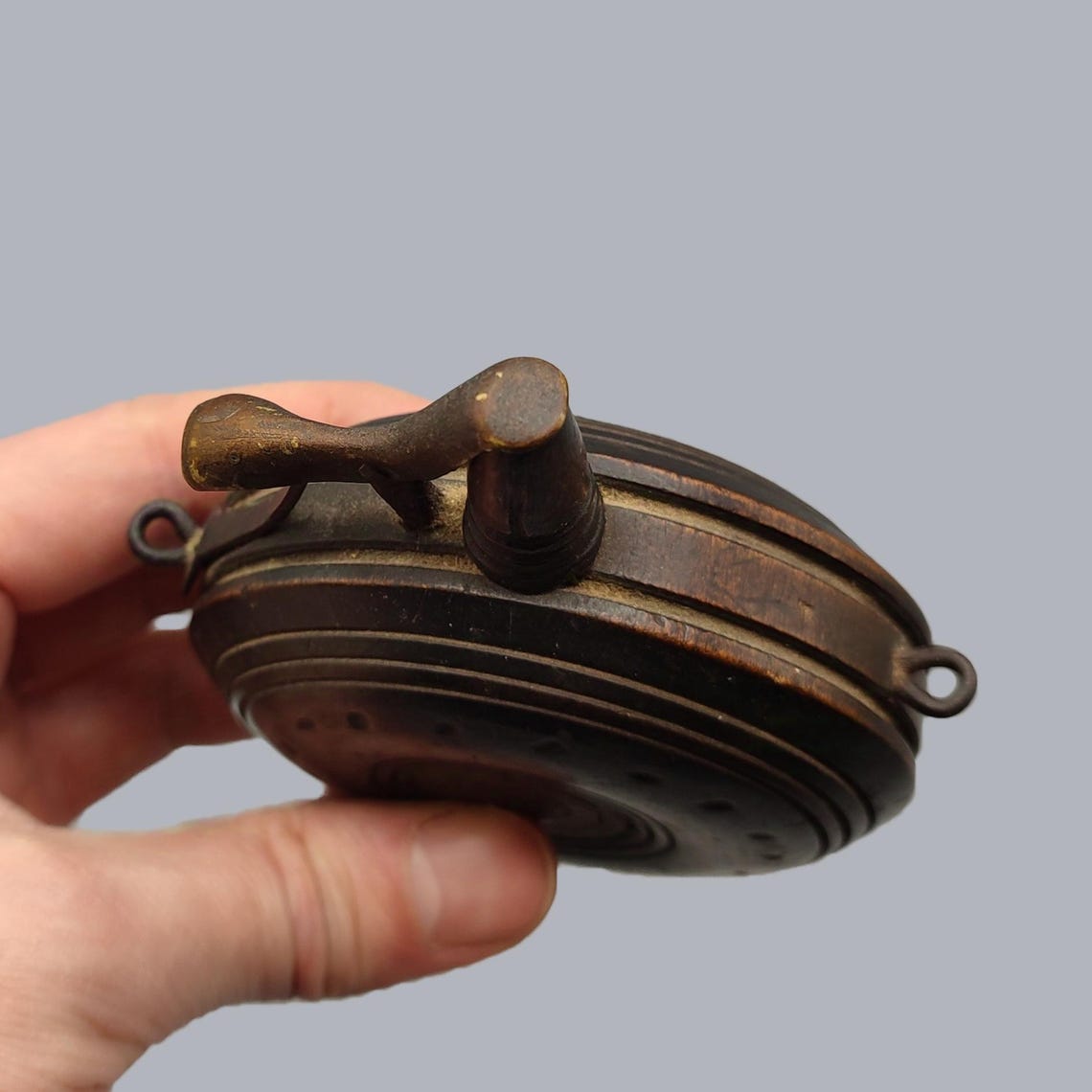 Antique Scandinavian Powder Flask Wooden Round Priming Horn Brass ...