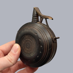 Antique Scandinavian Powder Flask Wooden Round Priming Horn Brass ...