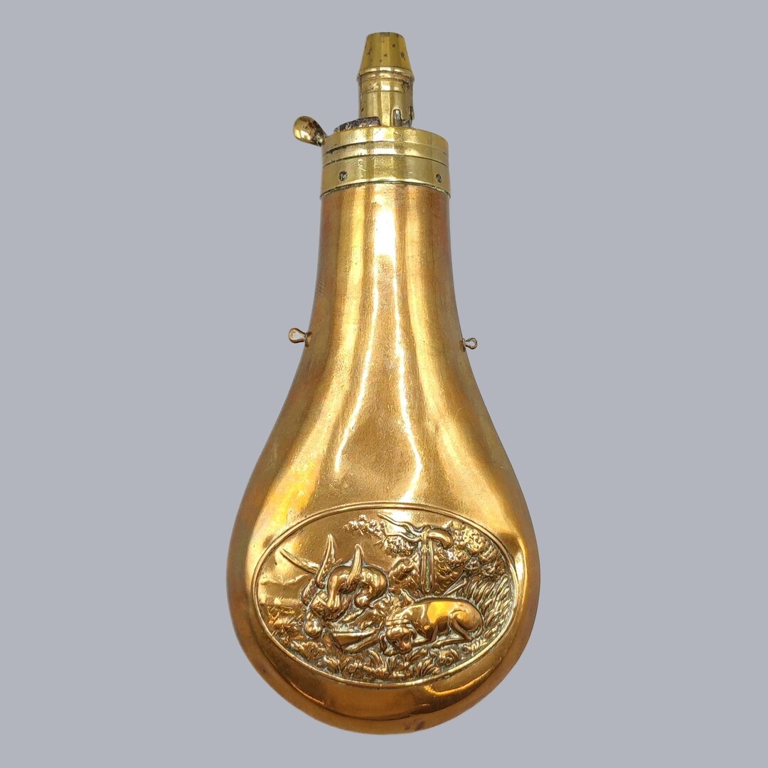 Antique European Copper Brass Powder Flask 19th Century Hunting Scenery ...