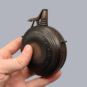 Antique Scandinavian Powder Flask Wooden Round Priming Horn Brass ...