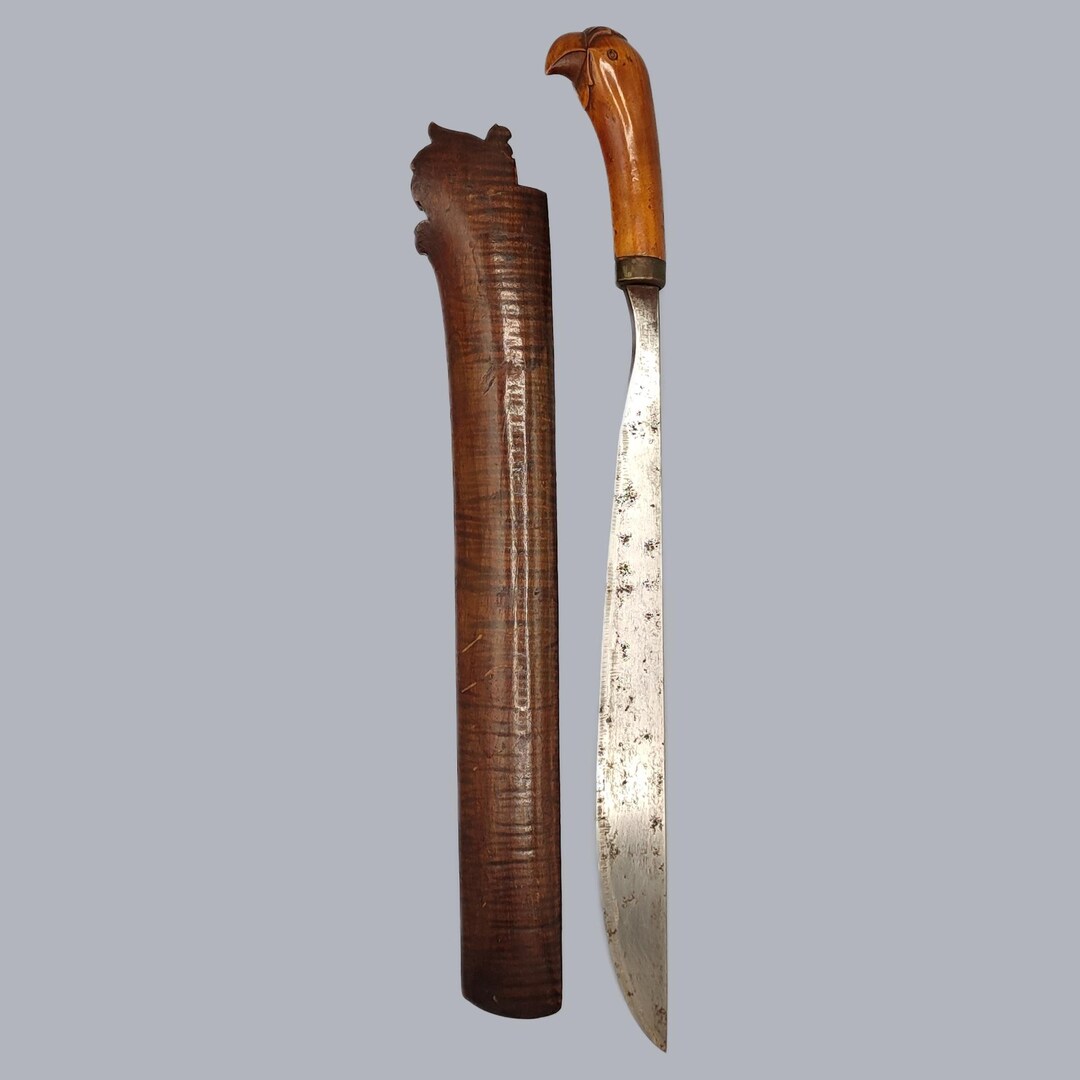 Antique Malayan Golok Knife Parrot Bird Shaped Wooden Handle Sheath ...
