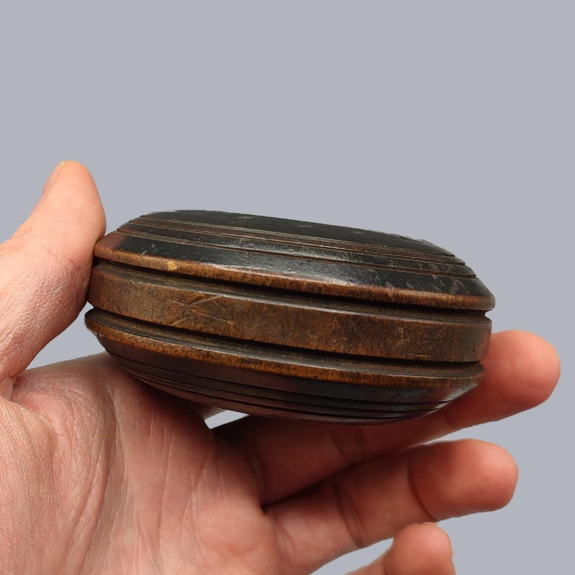 Antique Scandinavian Powder Flask Wooden Round Priming Horn Brass ...