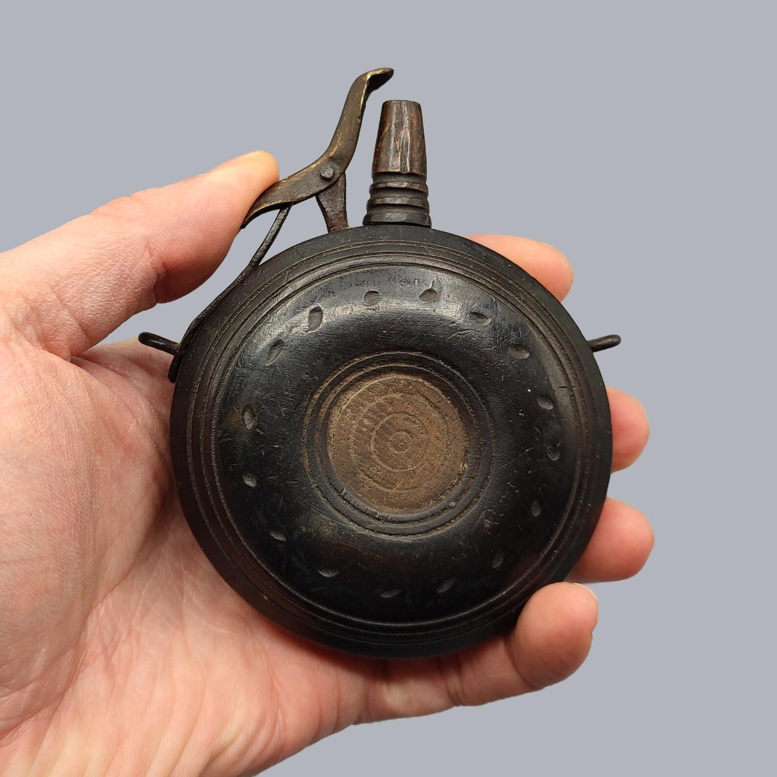 Antique Scandinavian Powder Flask Wooden Round Priming Horn Brass ...