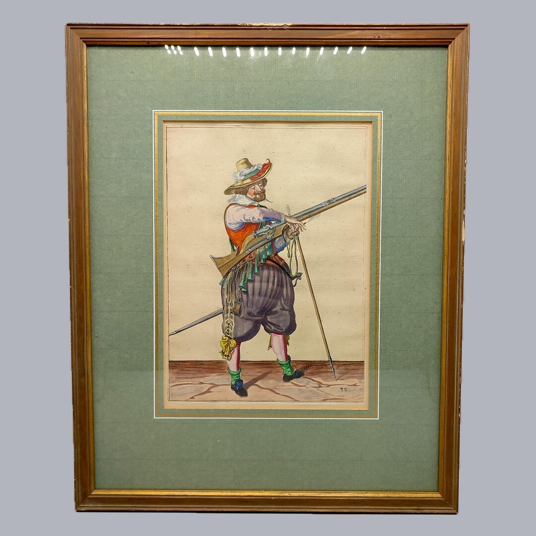 Antique Hand-painted 17th Century Print of a Musketeer by Jacob De ...
