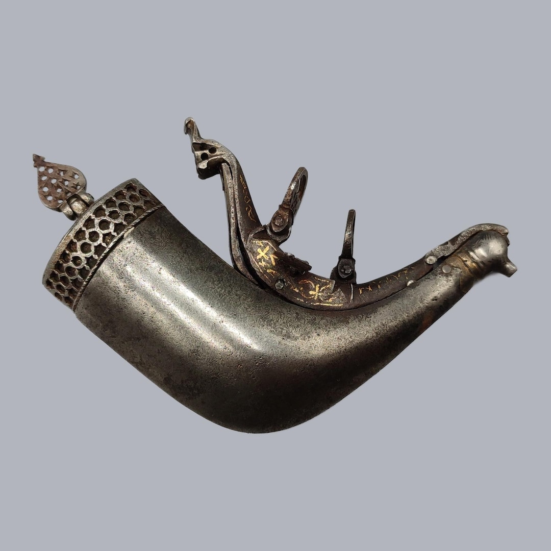 Antique Indopersian Powder Flask 19th Century Vintage Damascus Steel ...