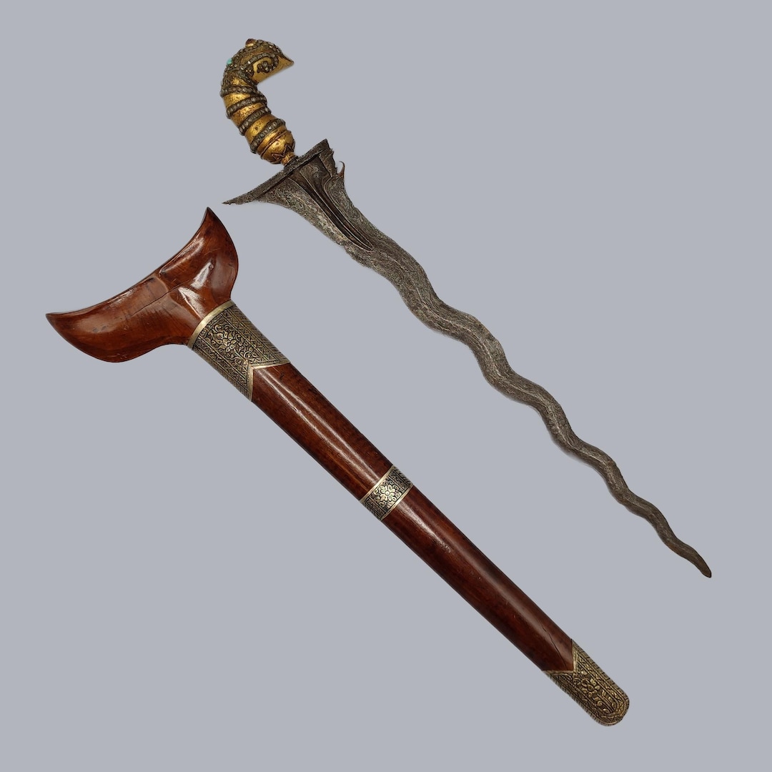 Antique Kris Keris Dagger Knife Gold-plated Handle Precious Stones ...