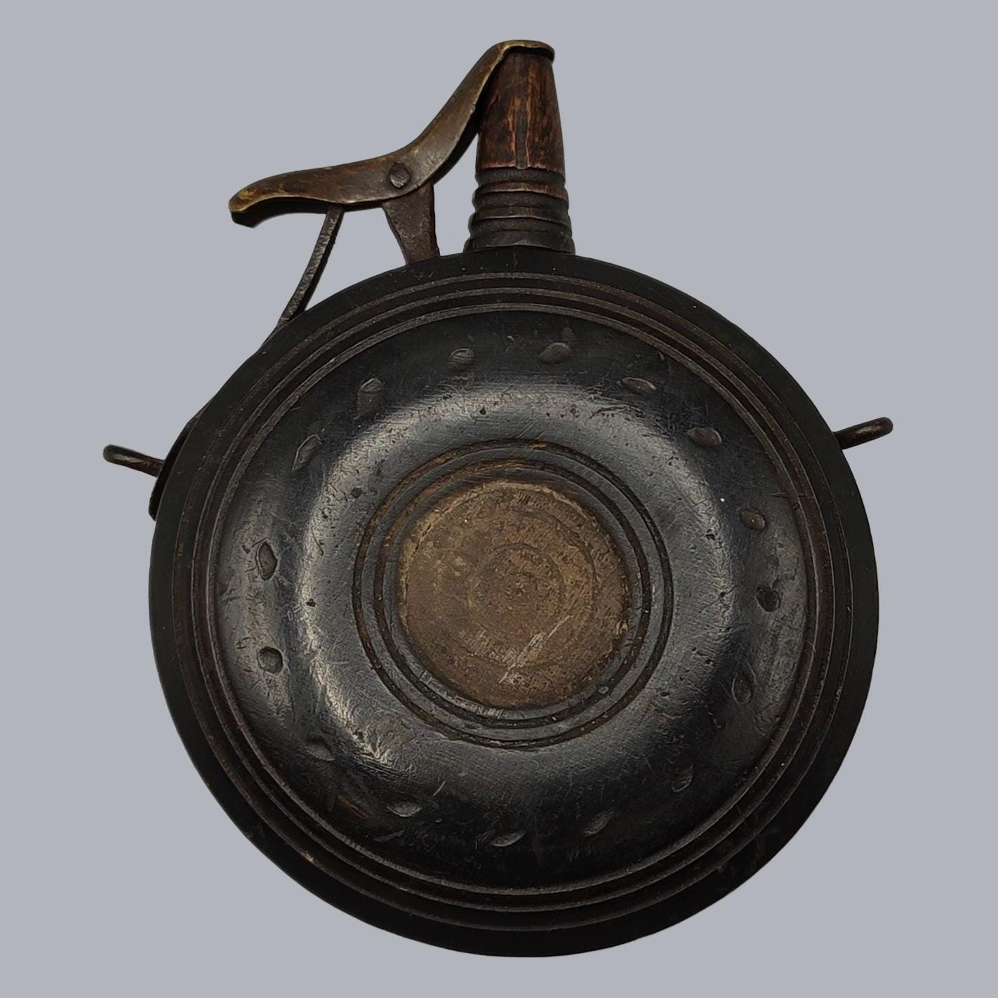 Antique Scandinavian Powder Flask Wooden Round Priming Horn Brass ...