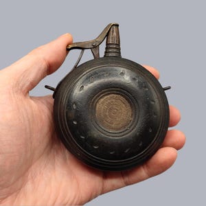 Antique Scandinavian Powder Flask Wooden Round Priming Horn Brass ...