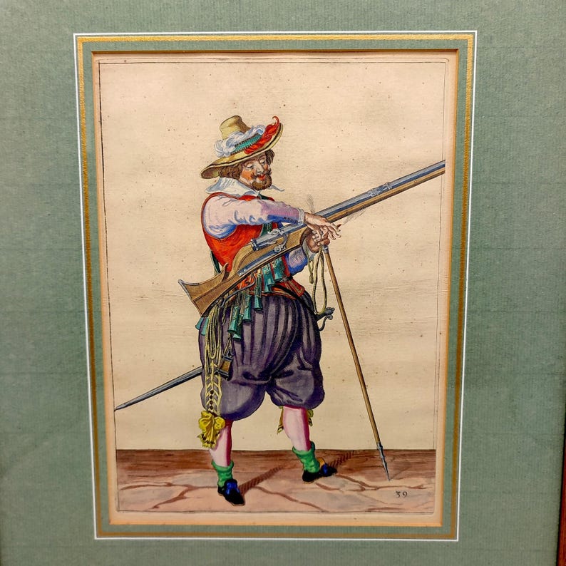 Antique Hand-painted 17th Century Print of a Musketeer by Jacob De ...