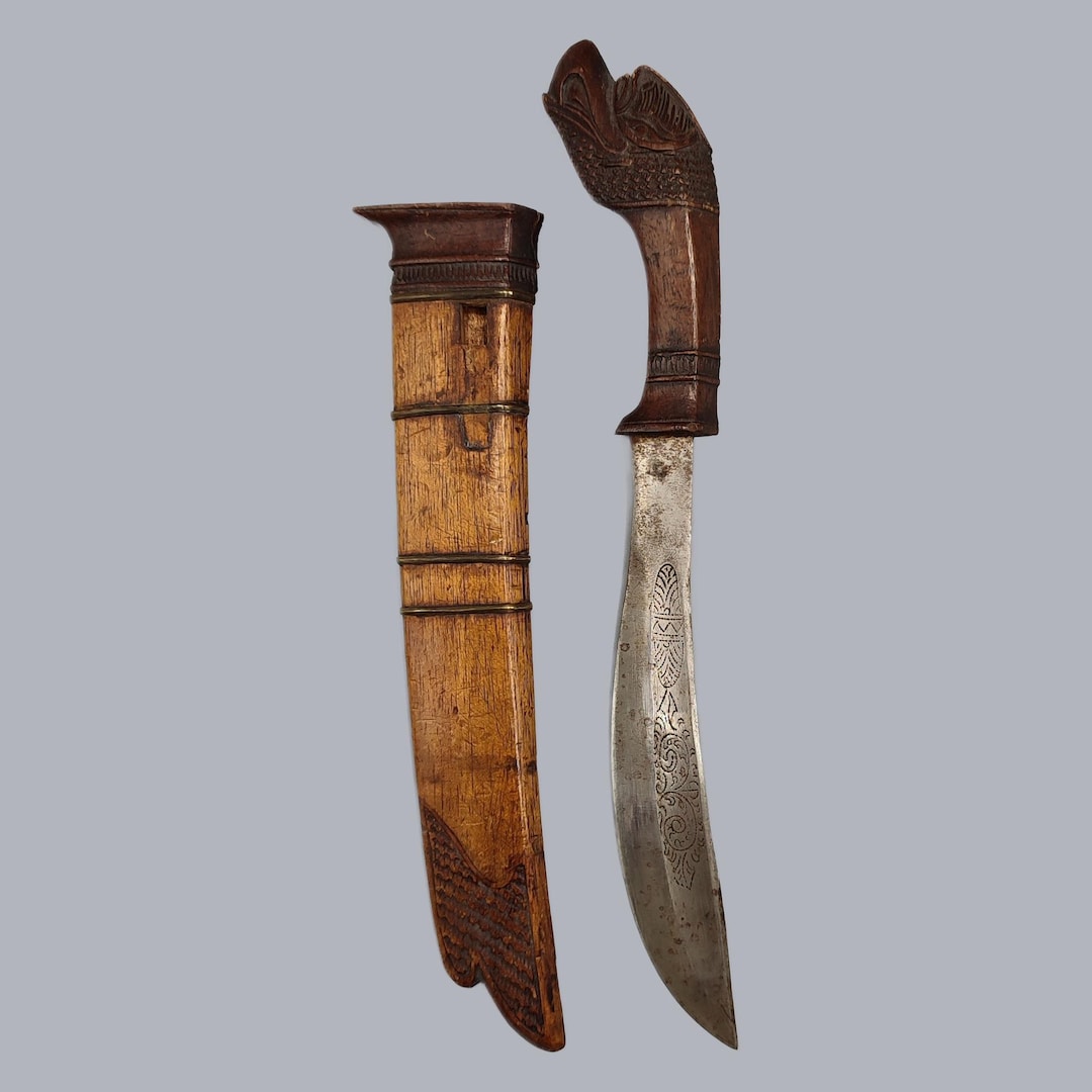 Antique Malayan Golok Knife Eagle Head Shaped Wooden Handle Sheath ...