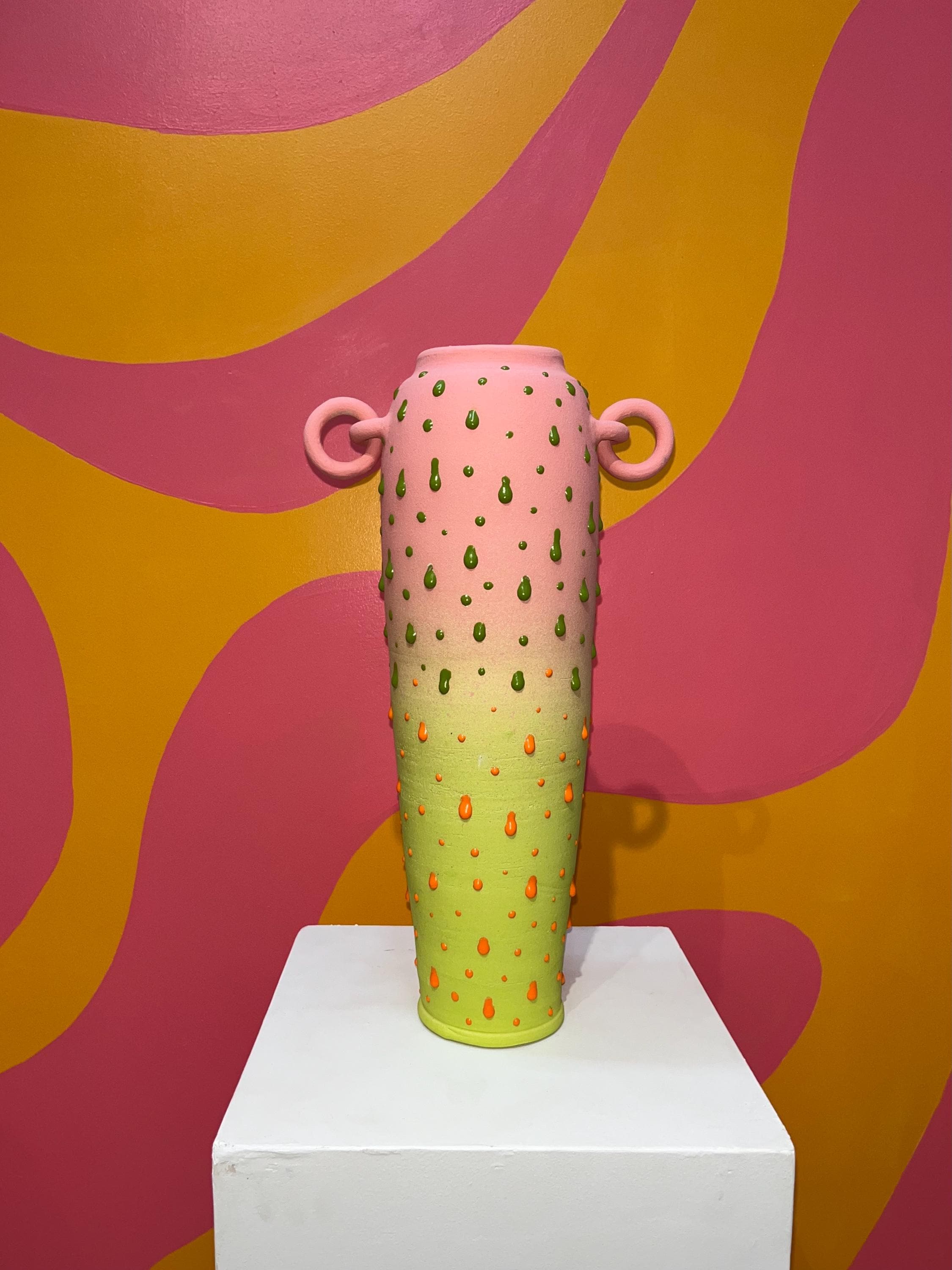Circle Handle Vase - Lime Green, Pink and Orange Gloop Glazed Ceramic ...