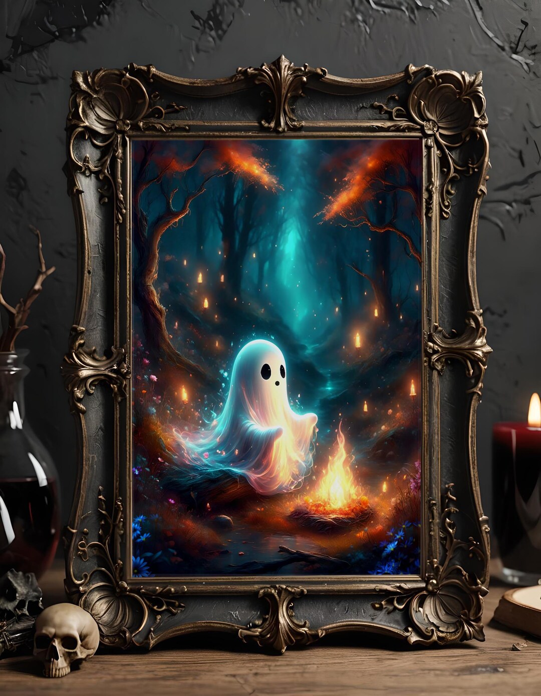 A Cute Ghost Sitting at a Campfire, Digital Download Print, Halloween ...