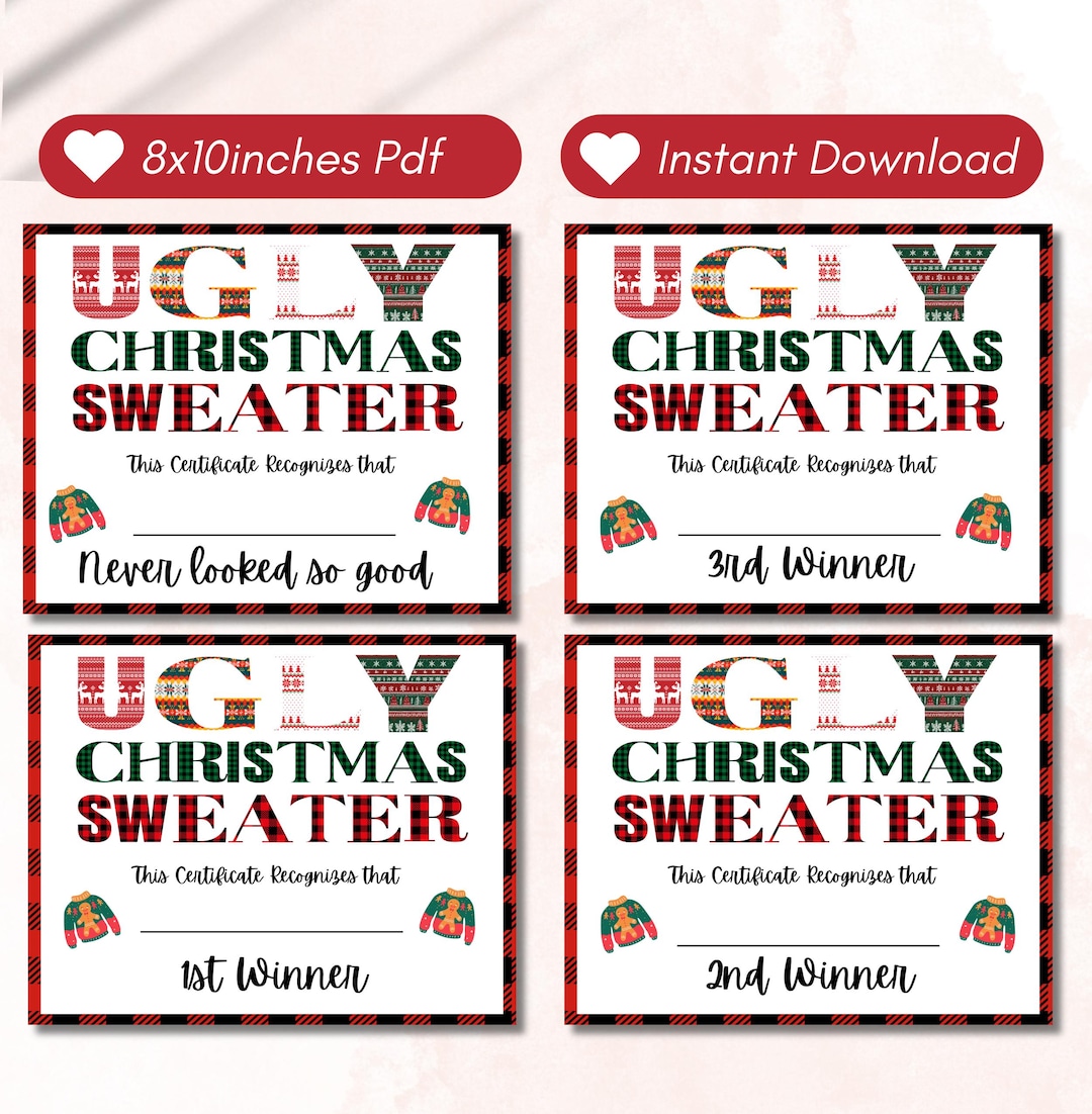 Ugly Christmas Sweater Contest Award Certificates, Ugly Sweater Award ...