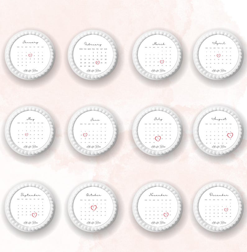 White Editable Burn Away Cake Topper Calendar Template, Custom Round ...