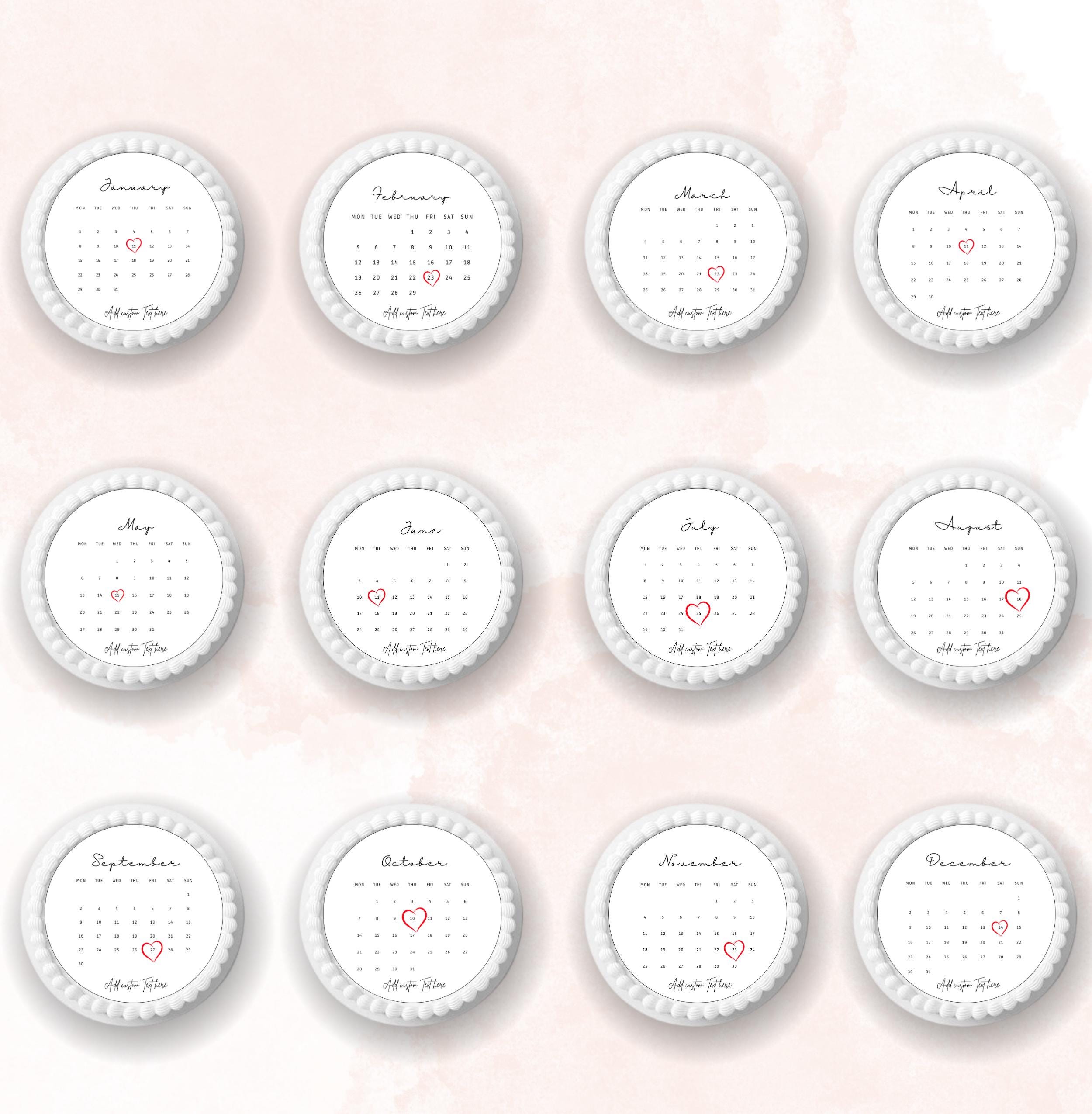 White Editable Burn Away Cake Topper Calendar Template, Custom Round ...