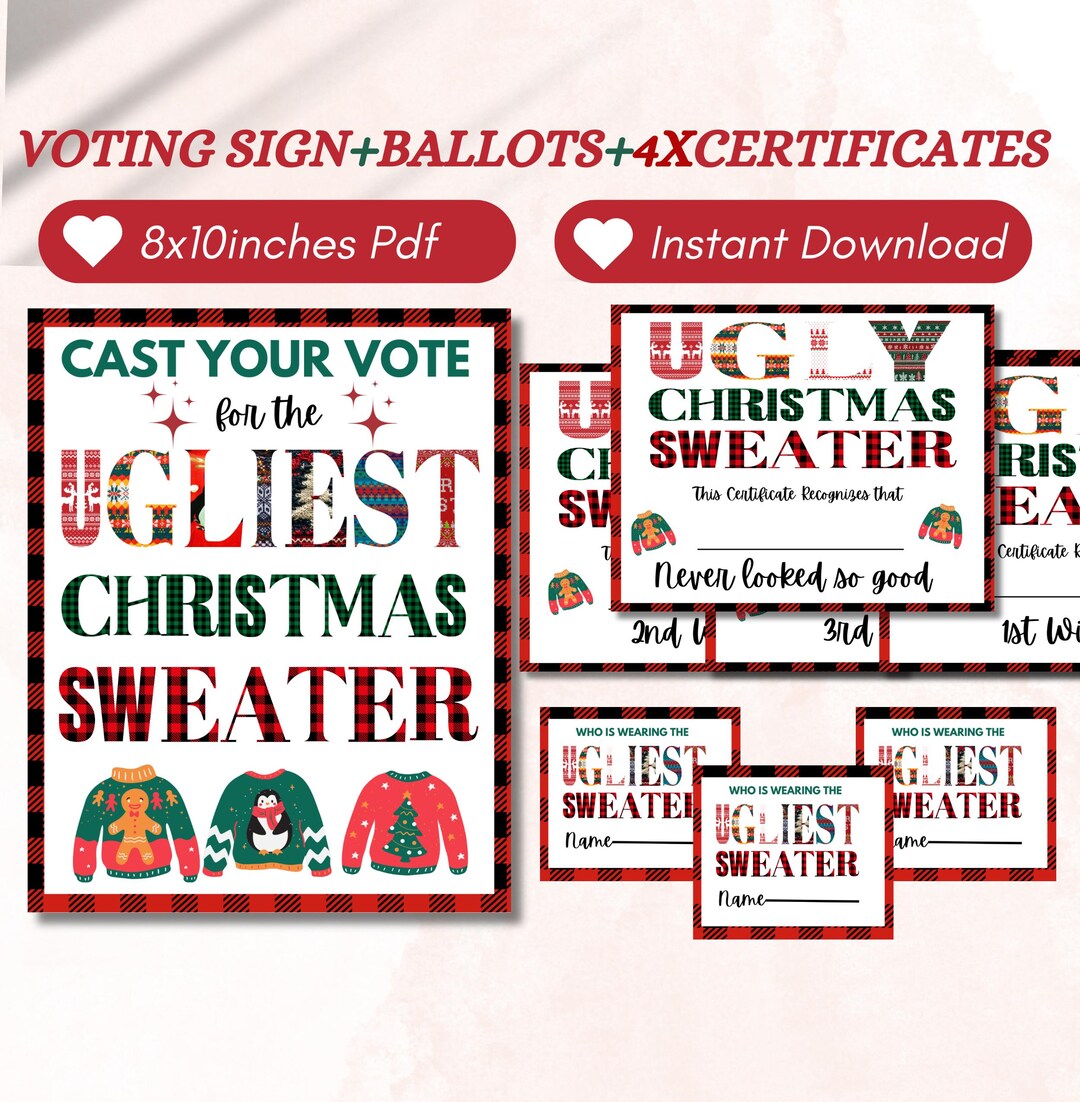 Ugly Christmas Sweater Kit Voting Sign and Ballots, Ugly Sweater Award ...