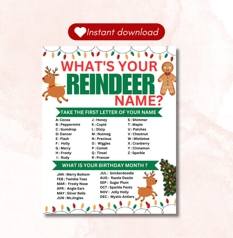 What's Your Reindeer Name Game, Printable Reindeer Name Generator Game ...