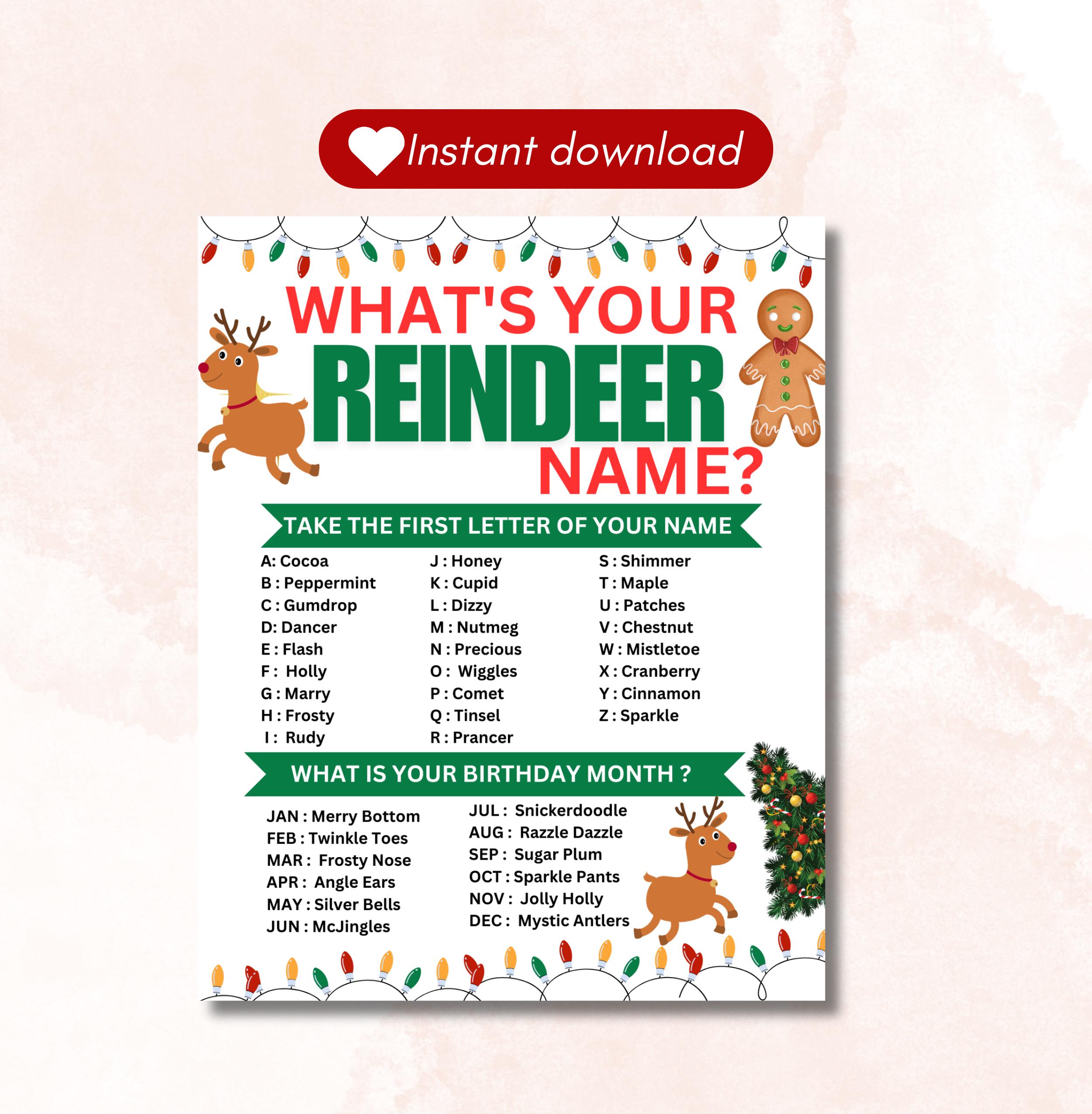 What's Your Reindeer Name Game, Printable Reindeer Name Generator Game ...