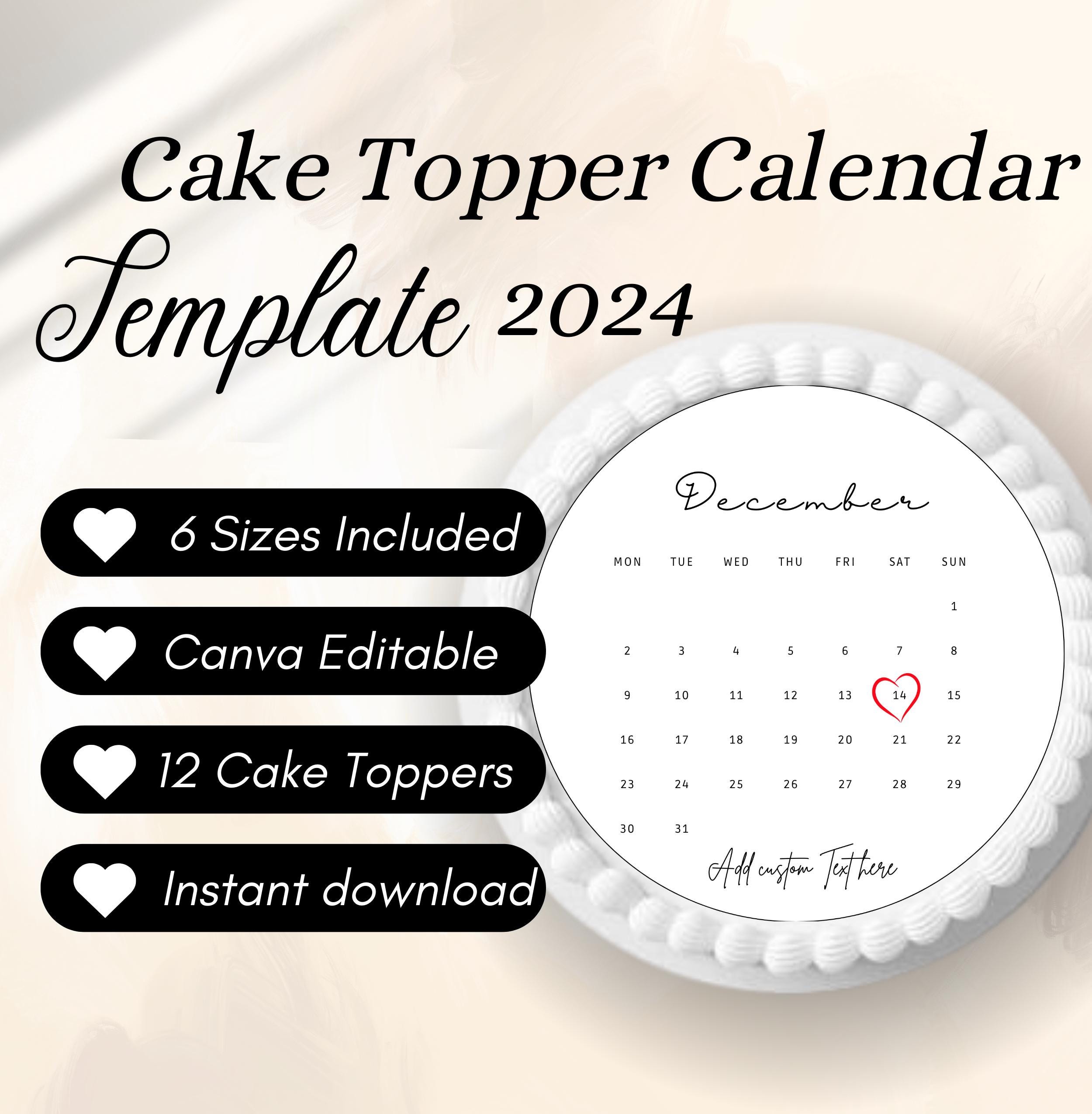 White Editable Burn Away Cake Topper Calendar Template, Custom Round ...