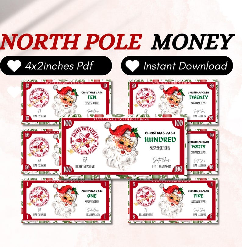 Printable Christmas Dollar Bill Money, North Pole Dollar Bill, Stocking ...