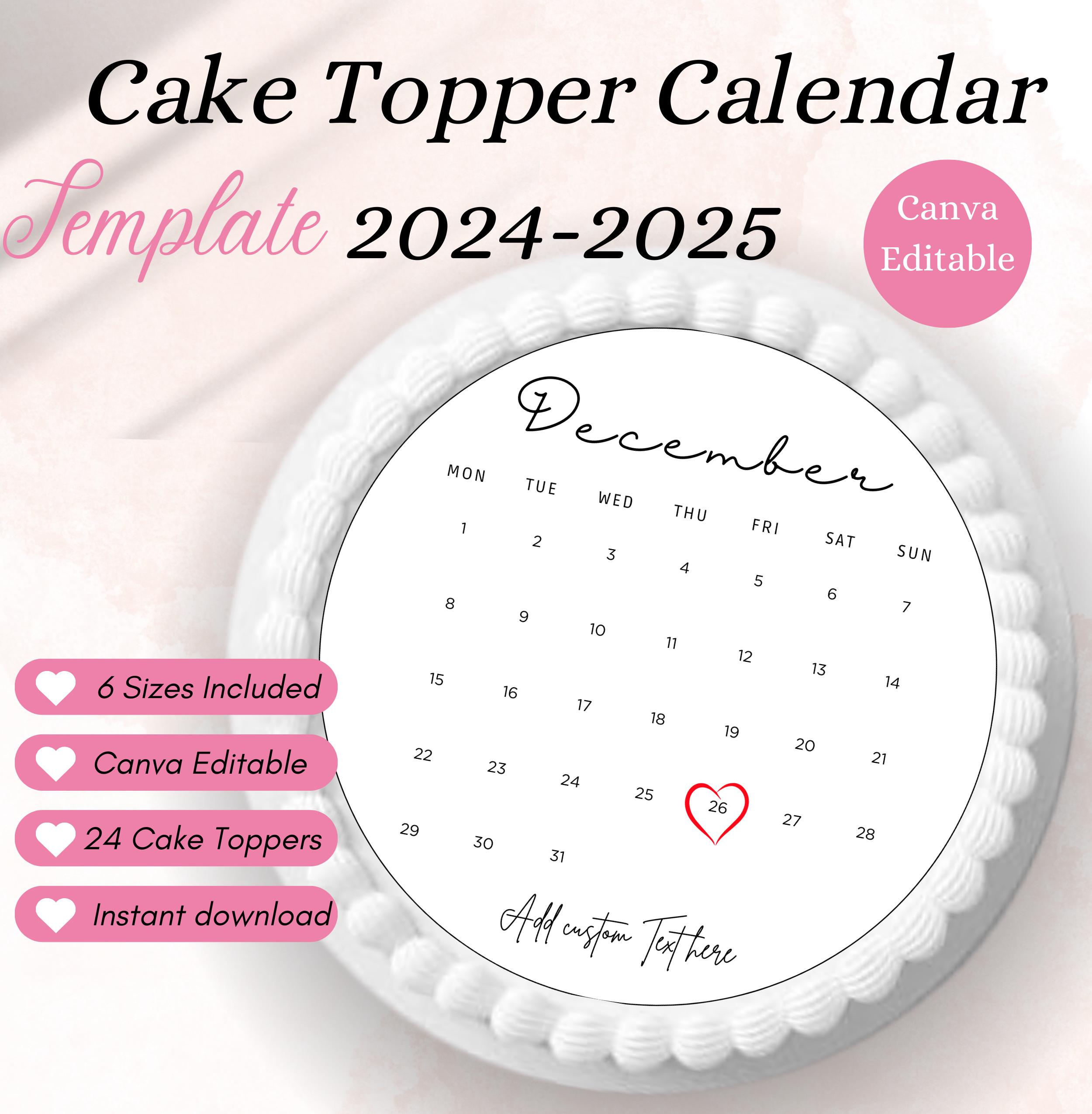 White Editable Burn Away Cake Topper Calendar Template, Custom Round ...