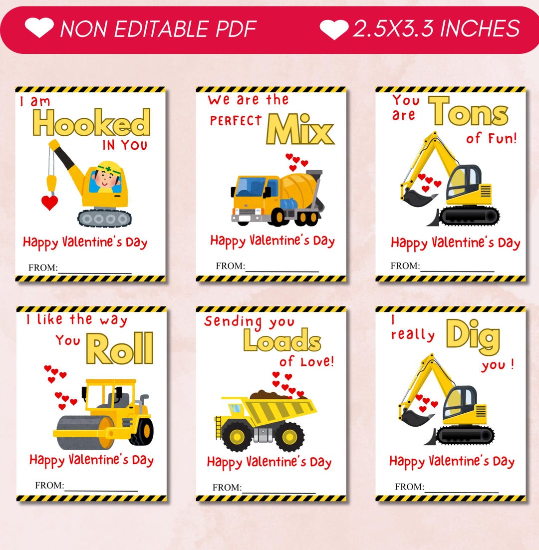 Classroom Valentines Day Cards, Printable Construction Valentines Cards ...
