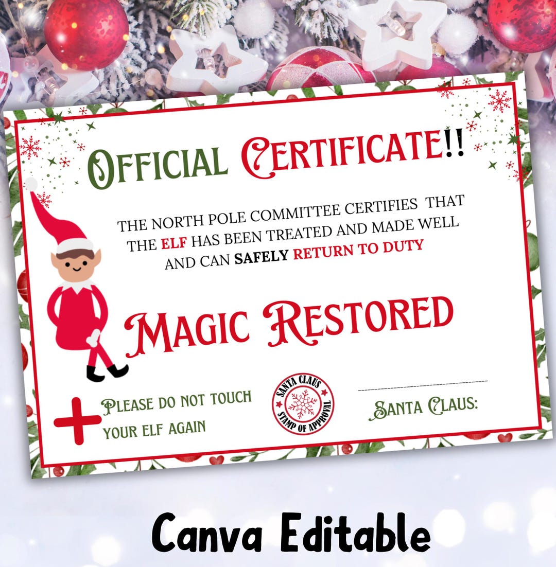 Editable ELF RECOVERY Certificate of Wellness, Elf Recovery Certificate ...