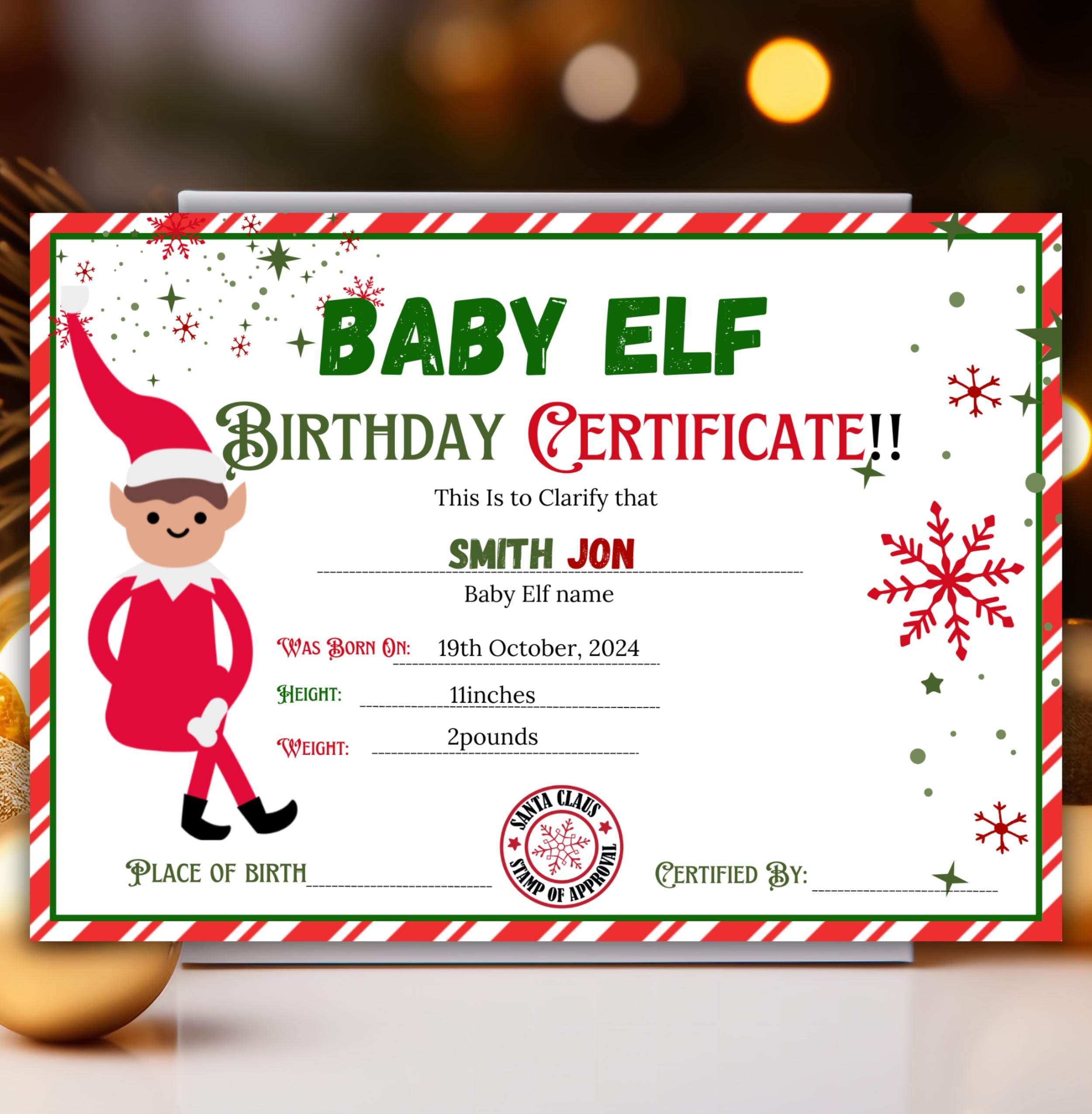 Editable Christmas Baby Elf Birth Certificate, Printable Editable ...