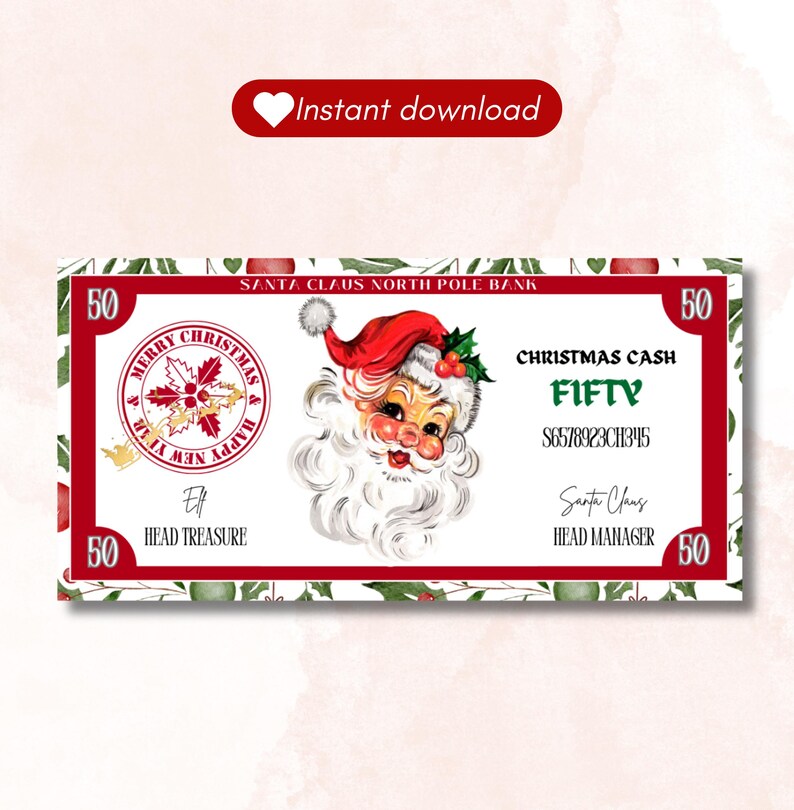 Printable Christmas Dollar Bill Money, North Pole Dollar Bill, Stocking ...