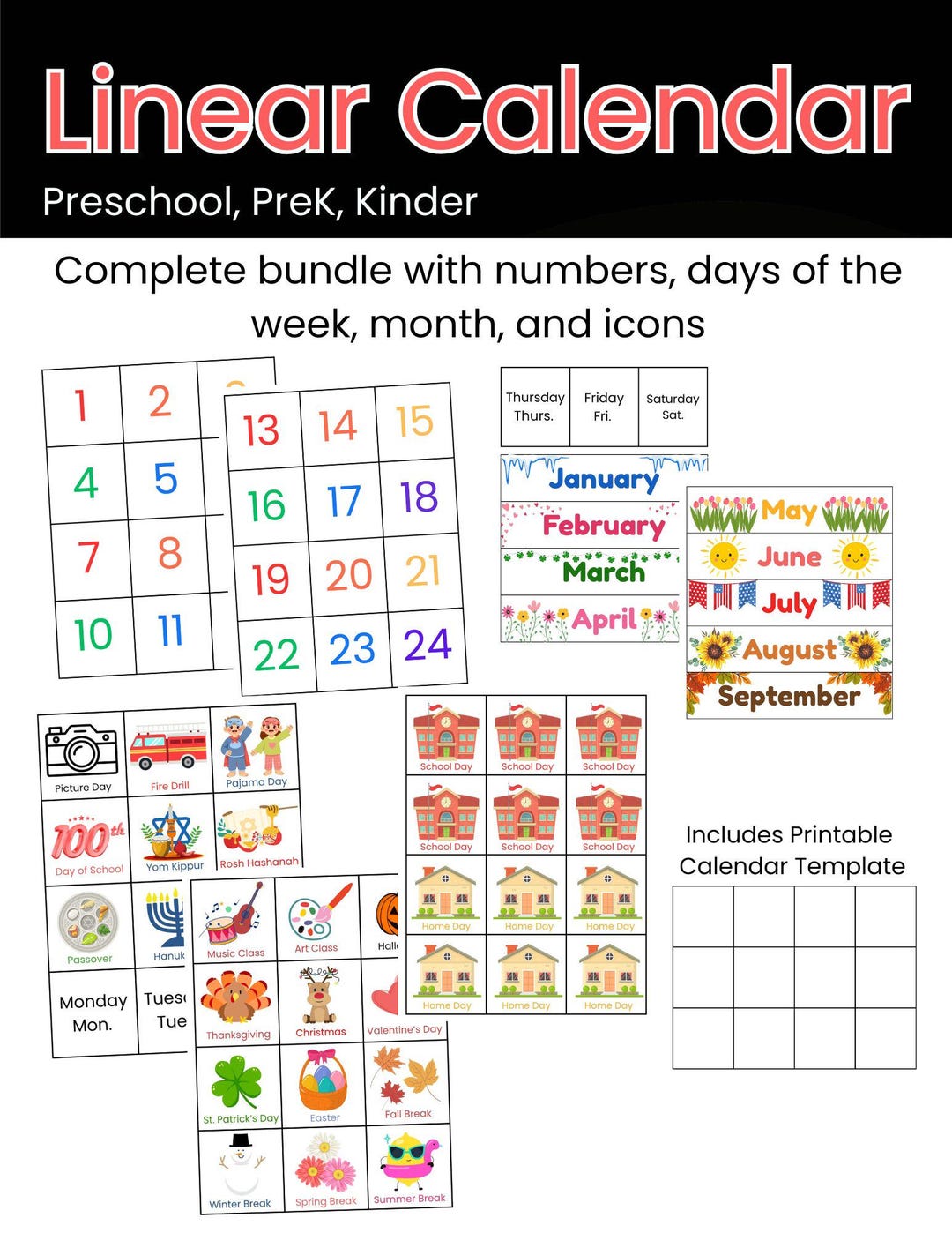 Preschool Linear Calendar: Days, Months, Events Icons - Etsy