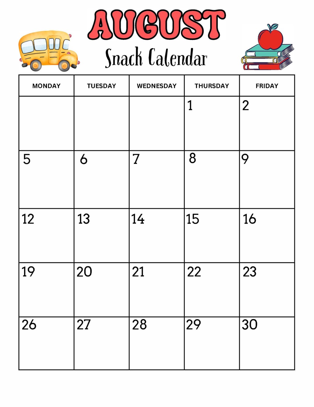 Themed School Snack Calendar - Etsy