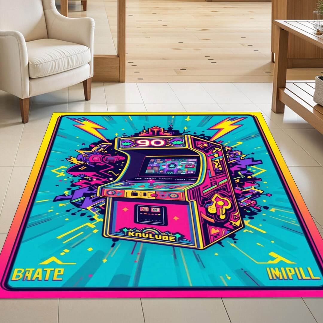 Retro Arcade Game Rug: 90s Neon Gaming Room Decor, Neon Gamer Room ...