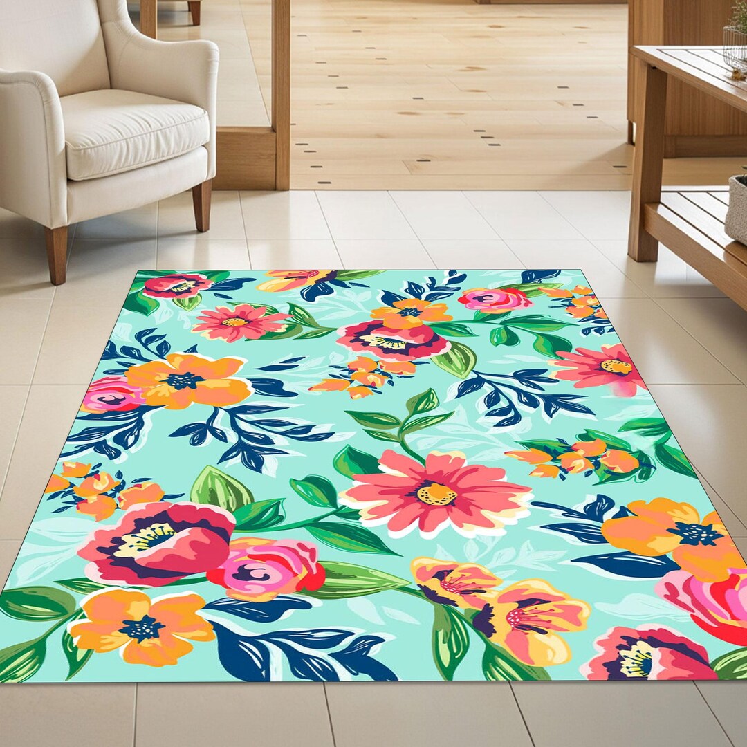 Colorful Flower Theme Boho Floral Area Rug, Soft & Durable Rug ...