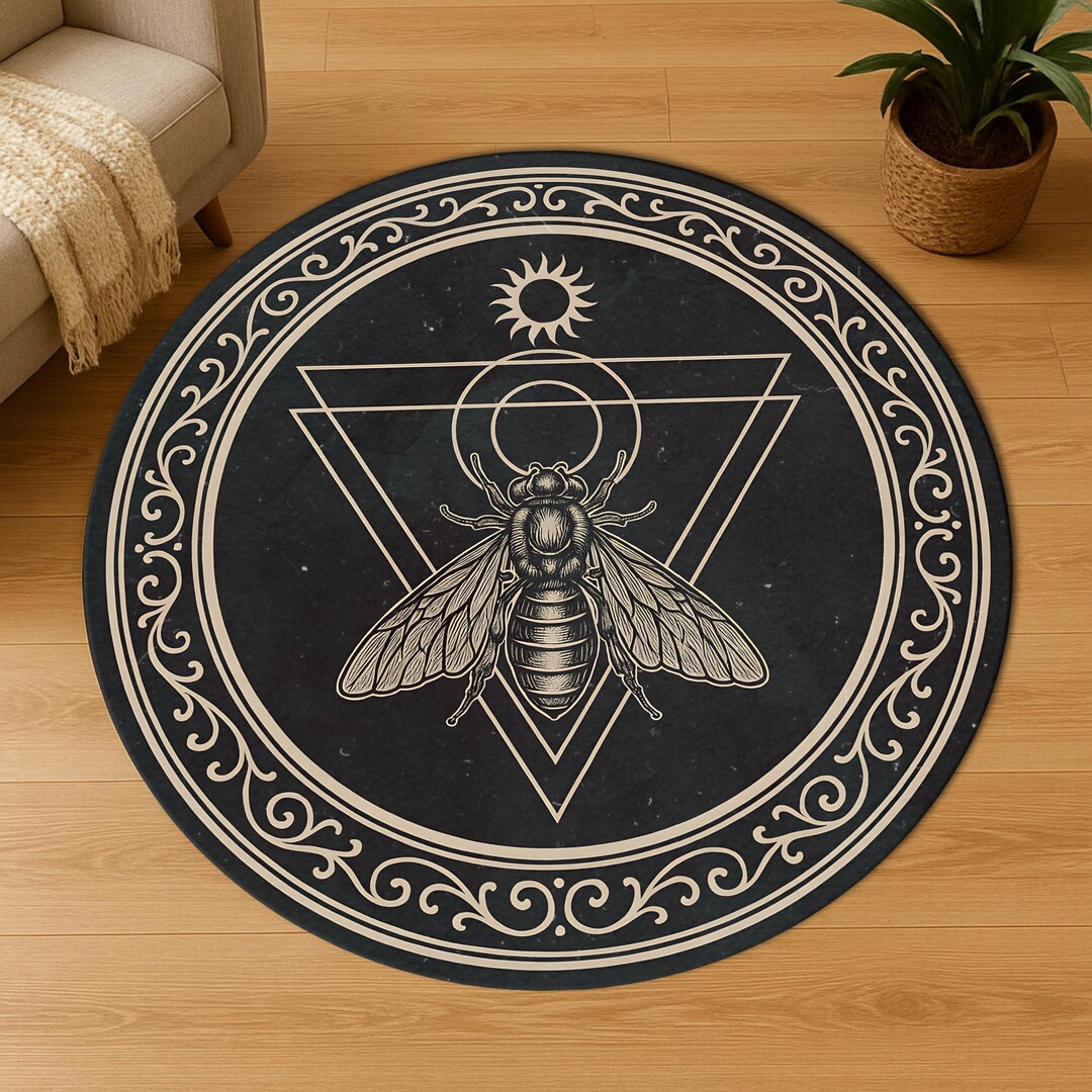 Mystic Bee Round Rug, Occult Sacred Geometry Rug, Gothic Black Cream Area Rug, Witchy Home Decor ...