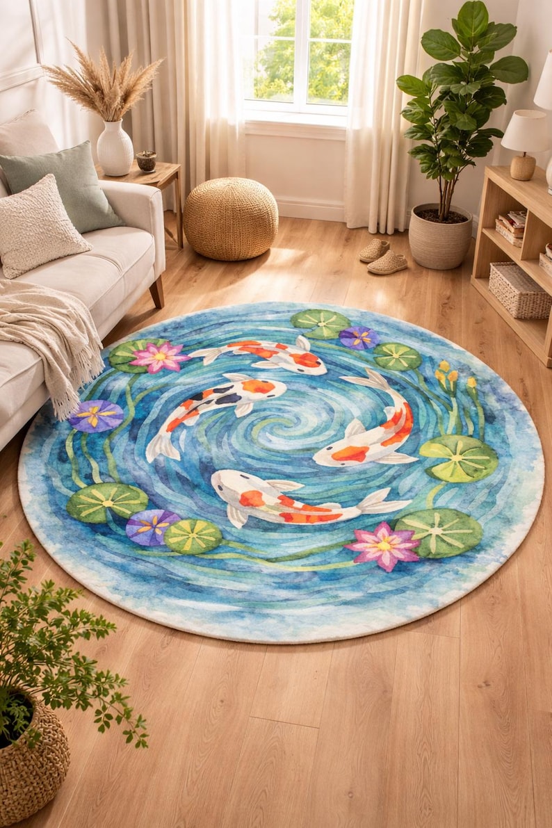 Round Koi Fish Rug, Japanese Zen Area Rug, Watercolor Pond Carpet ...