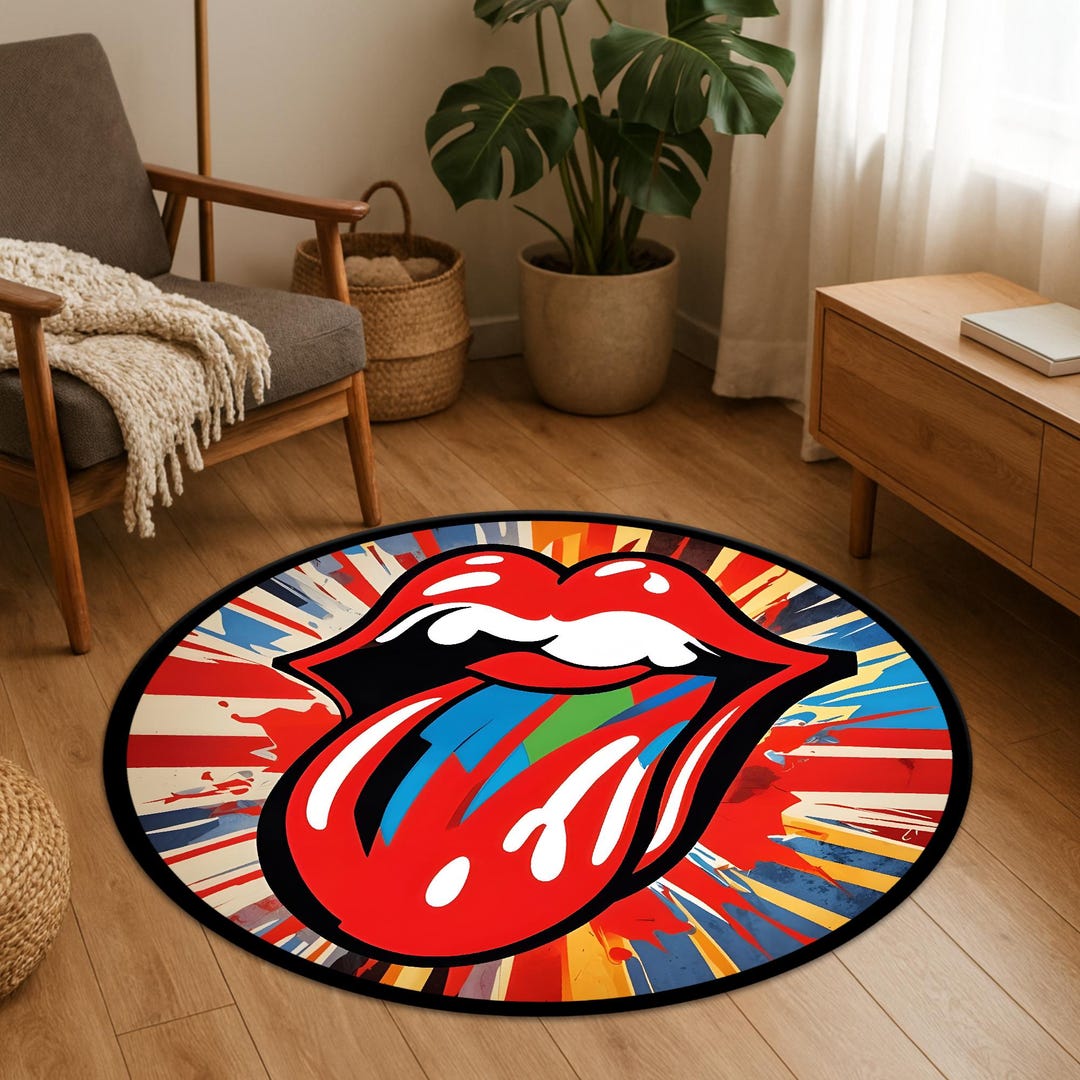 Pop Art Round Rug, Rolling Lips Design Vinyl Carpet, Retro Music Room ...