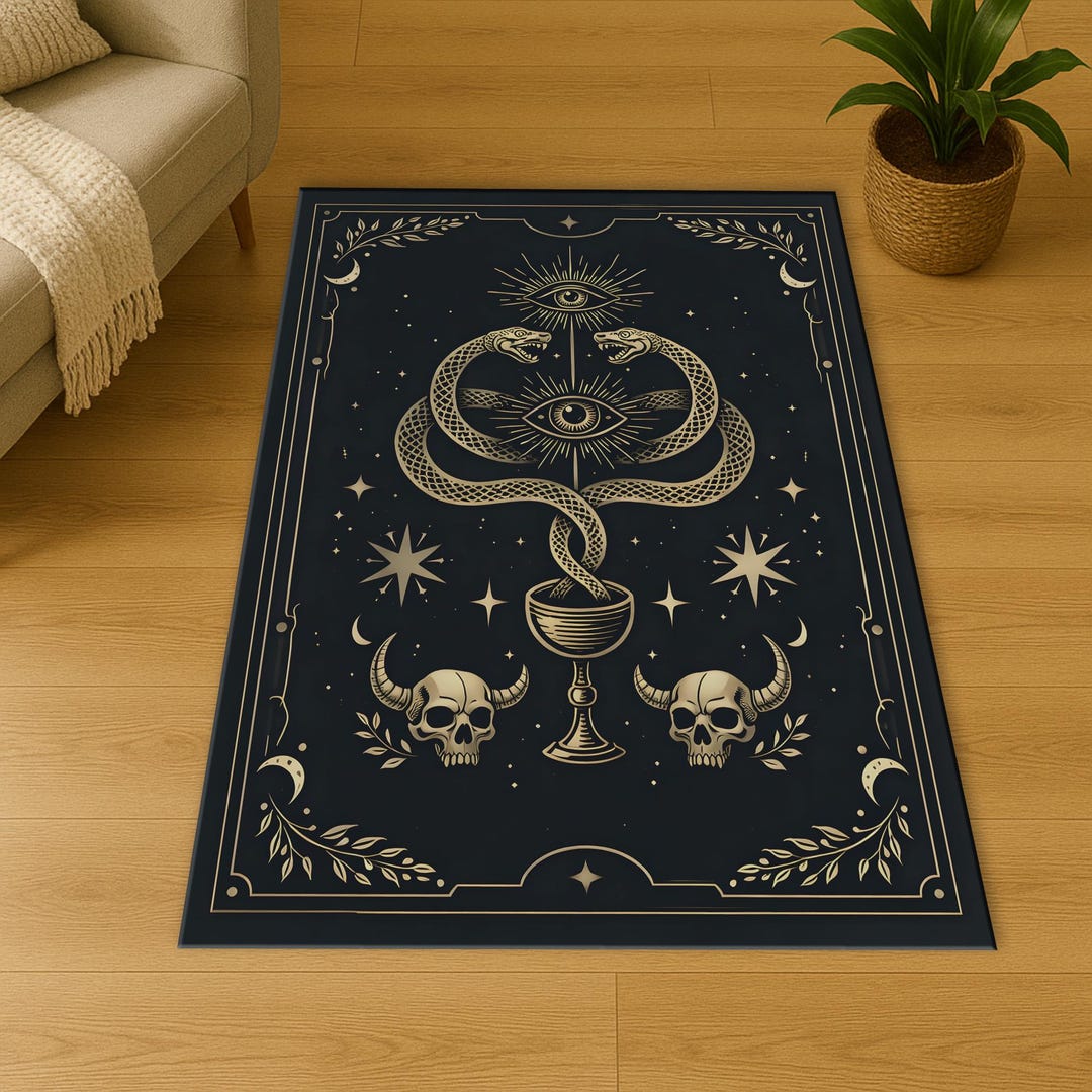 Occult Serpent Rug, Twin Snake Eye Alchemy Rug, Gothic Black Gold Area ...