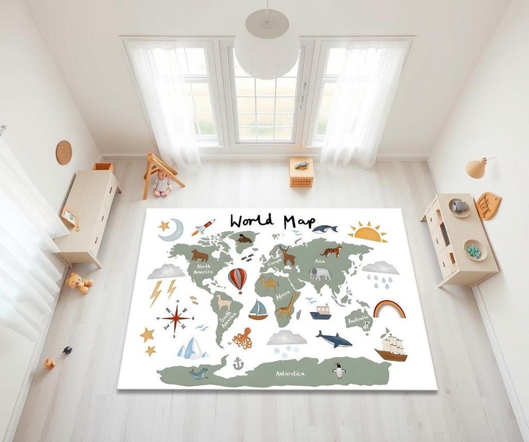 World Map Rug, World Map Theme Rug, Numbers Pattern Kids Room Rug,boys ...