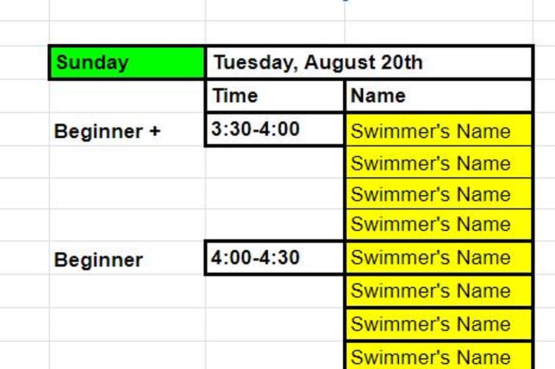 Swim Coach Sign up Sheet, Digital File - Etsy