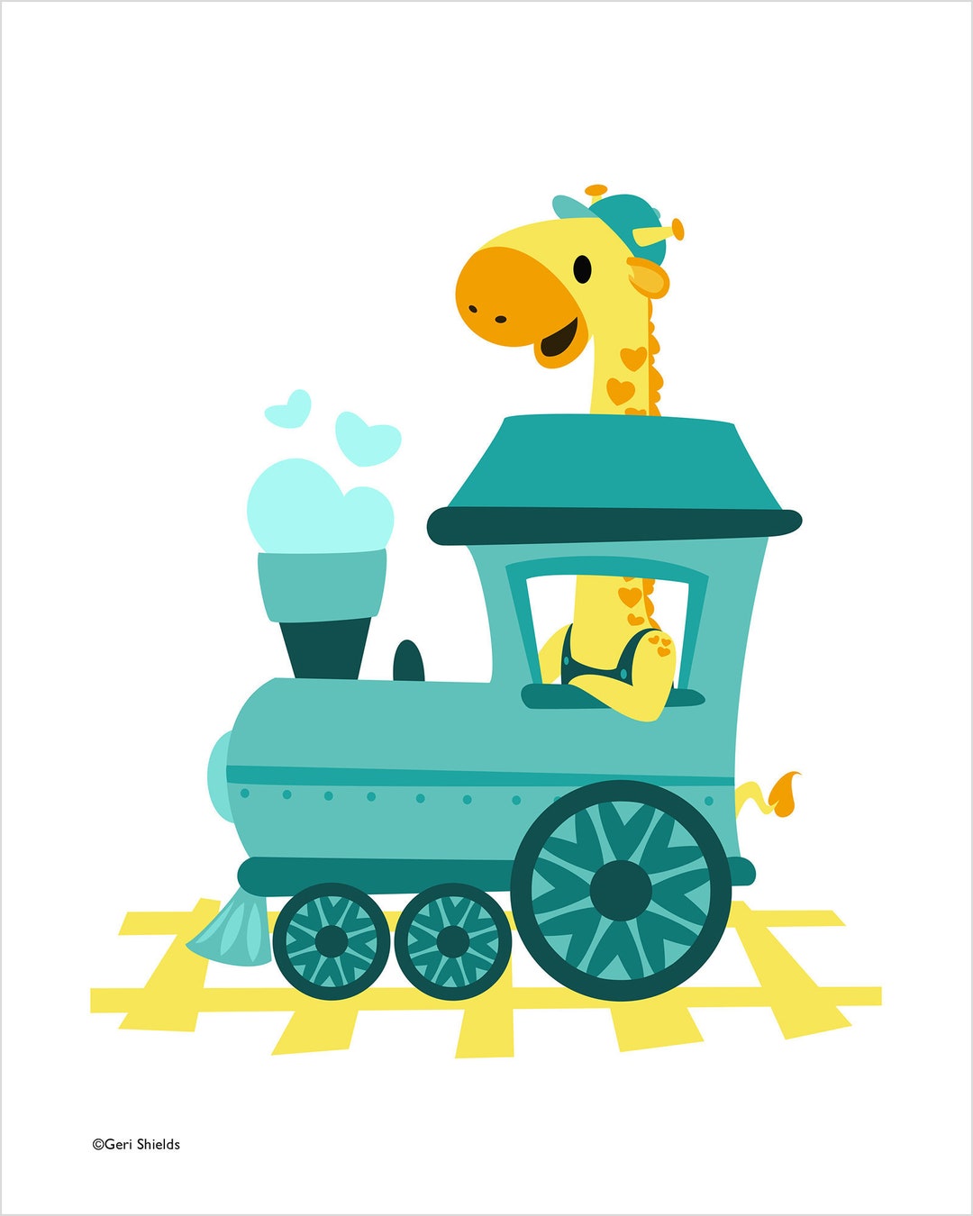 Giraffe Train Print Blue - Giraffe Illustration - Train Illustration ...