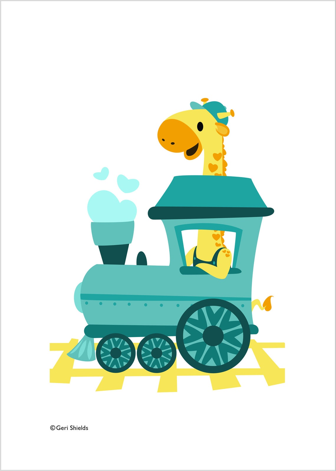 Giraffe Train Print Blue - Giraffe Illustration - Train Illustration ...