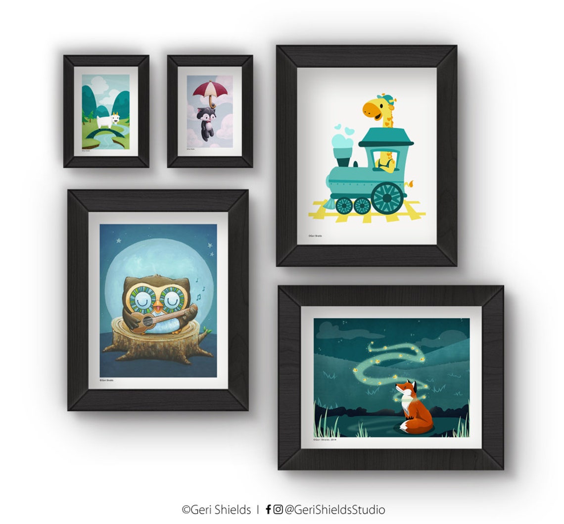 Giraffe Train Print Blue - Giraffe Illustration - Train Illustration ...